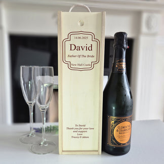 Wedding party personalised champagne box with names date and venue ...